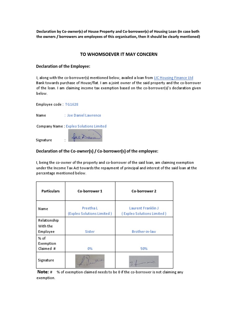 Declaration by co-owners and co-borrowers of housing loan | PDF