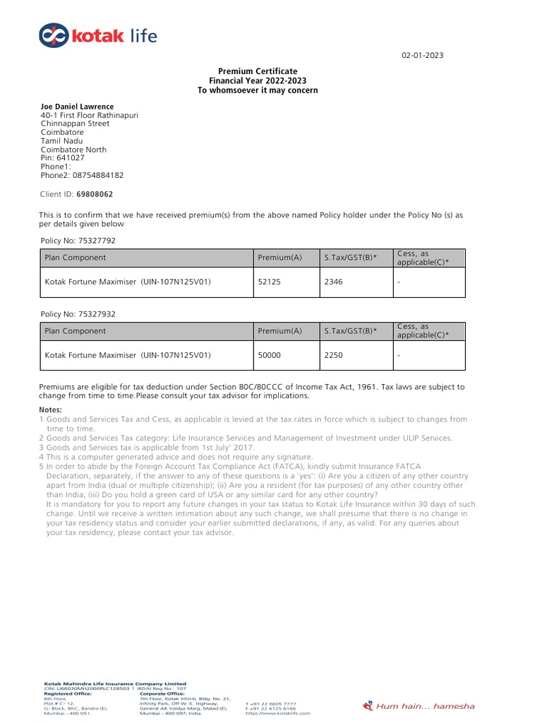 TG1628 Kotak Life Insurance | PDF | Taxes | Insurance