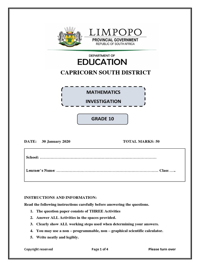 GRADE 10 MATHS INVESTIGATION Jan 2020 Capricorn District | PDF ...