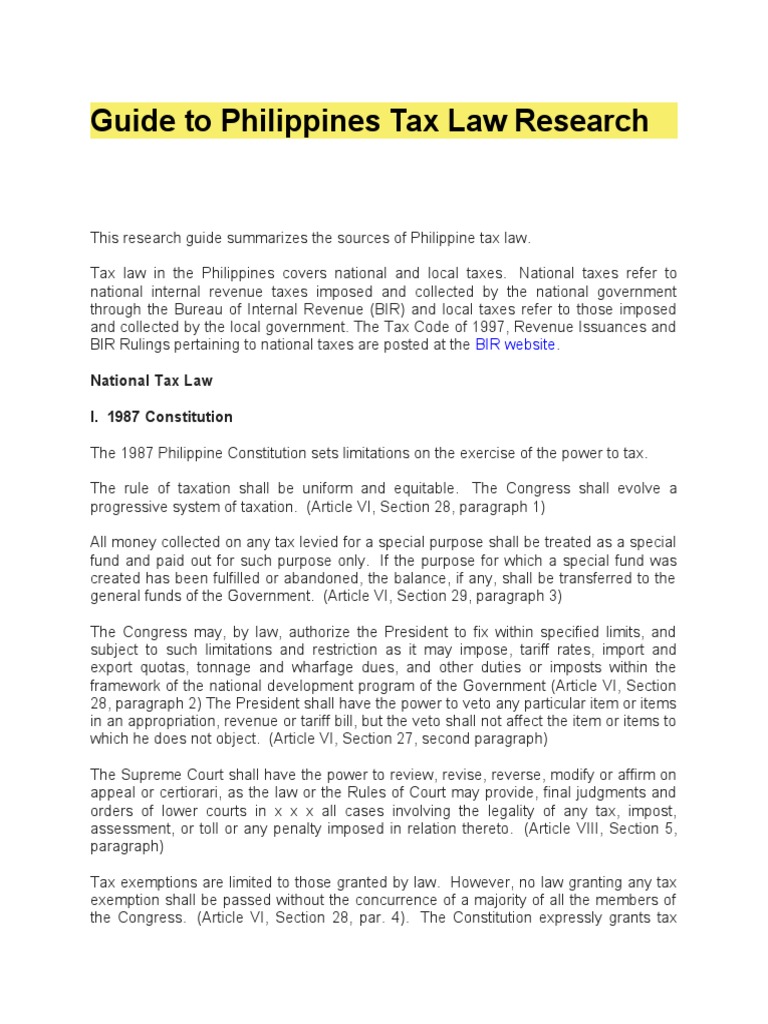 Philippines Tax Law Research Guide | PDF | Taxes | Taxation In The ...