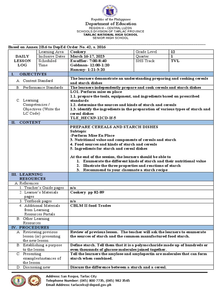 DLL Cookery Week 5 | PDF | Starch | Behavior Modification