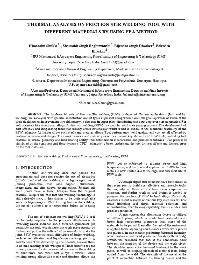 THERMAL ANALYSIS FSW TOOL BY USING FEA Method | PDF | Construction | Welding