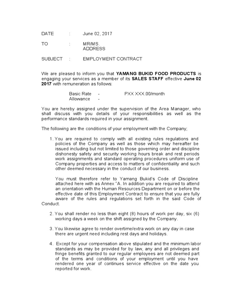 Sample Contract - Unfinished | PDF | Employment | Working Time