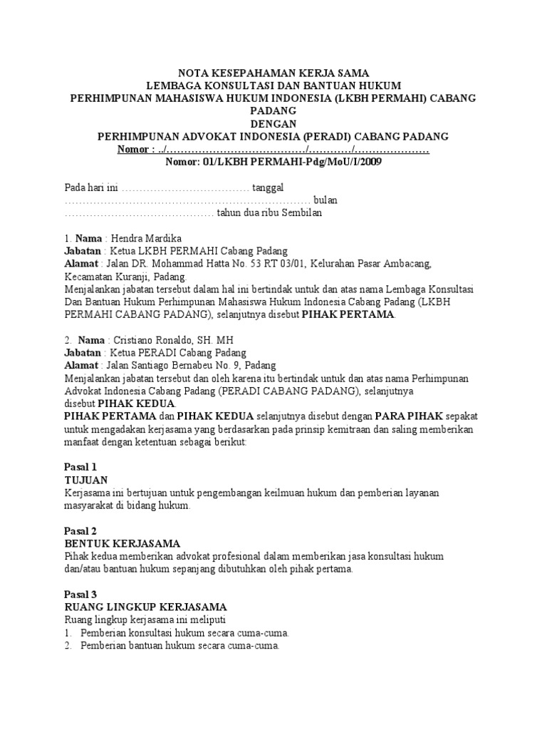 CONTOH MOU (NOTA KESEPAHAMAN KERJA SAMA) | PDF