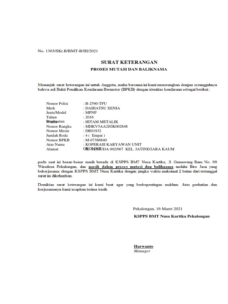 Contoh Suket BPKB Msih DLM Proses Mutasi - Baliknama PDF | PDF