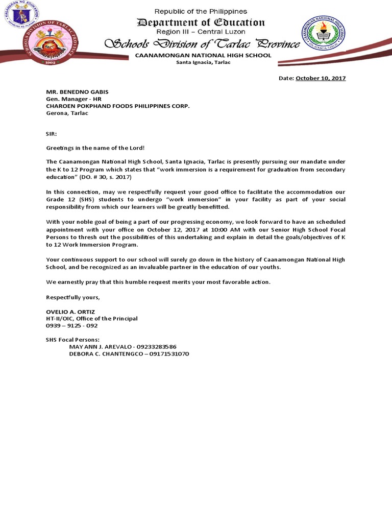 Work Immersion Letter | PDF | Business Work Immersion Letter | PDF | Business