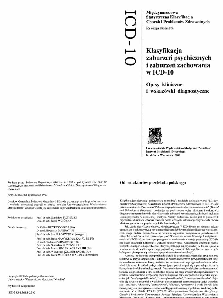 ICD-10 Klasyfikacja Zaburzeń Psychicznych I Zaburzeń Zachowania. Opisy ...
