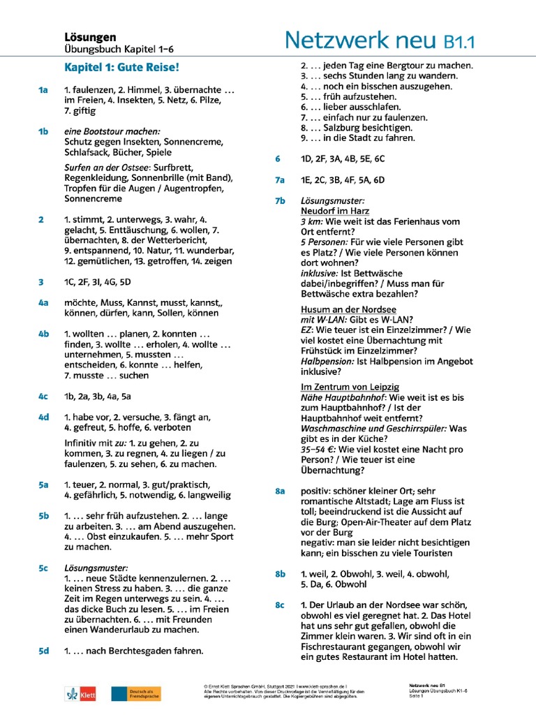 Netzwerk Neu B1. Lösungen Übungsbuch Kapitel 1 6. Kapitel 1 - Gute ...