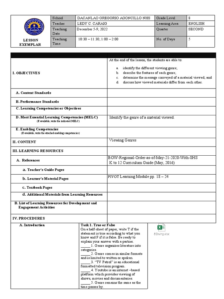 Lesson Exemplar Viewing Genres | PDF | Television | Genre