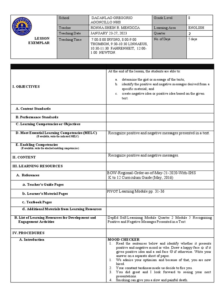 Lesson Exemplar Recognizing Positive and Negative Messages Part 2 | PDF ...