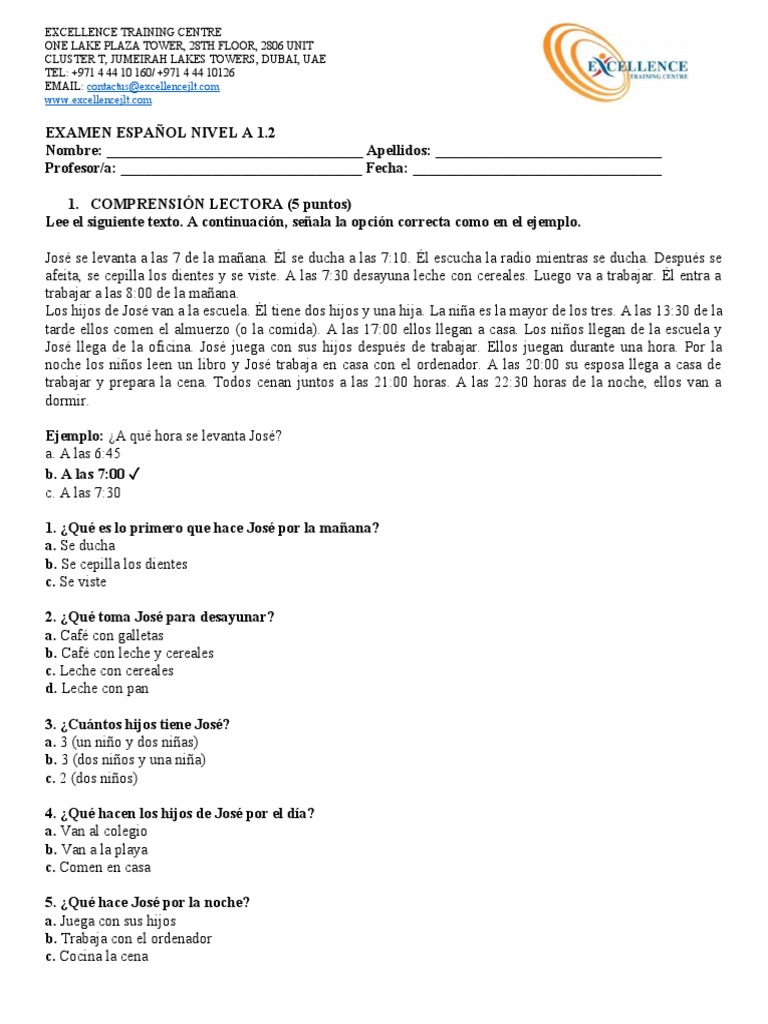 Examen de Español Nivel A1.2 PDF | PDF | Cocina | Comida y bebida