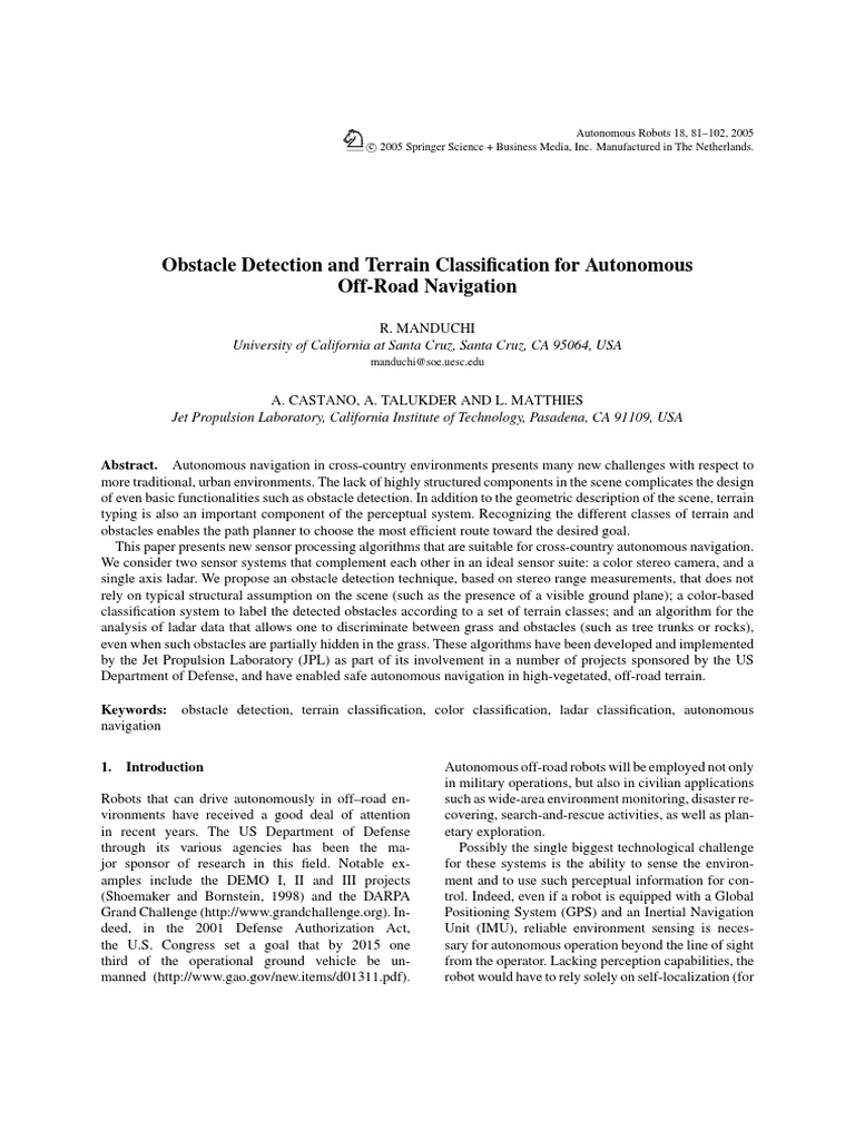 Obstacle Detection And Terrain Classification Algorithms For Autonomous Off Road Navigation