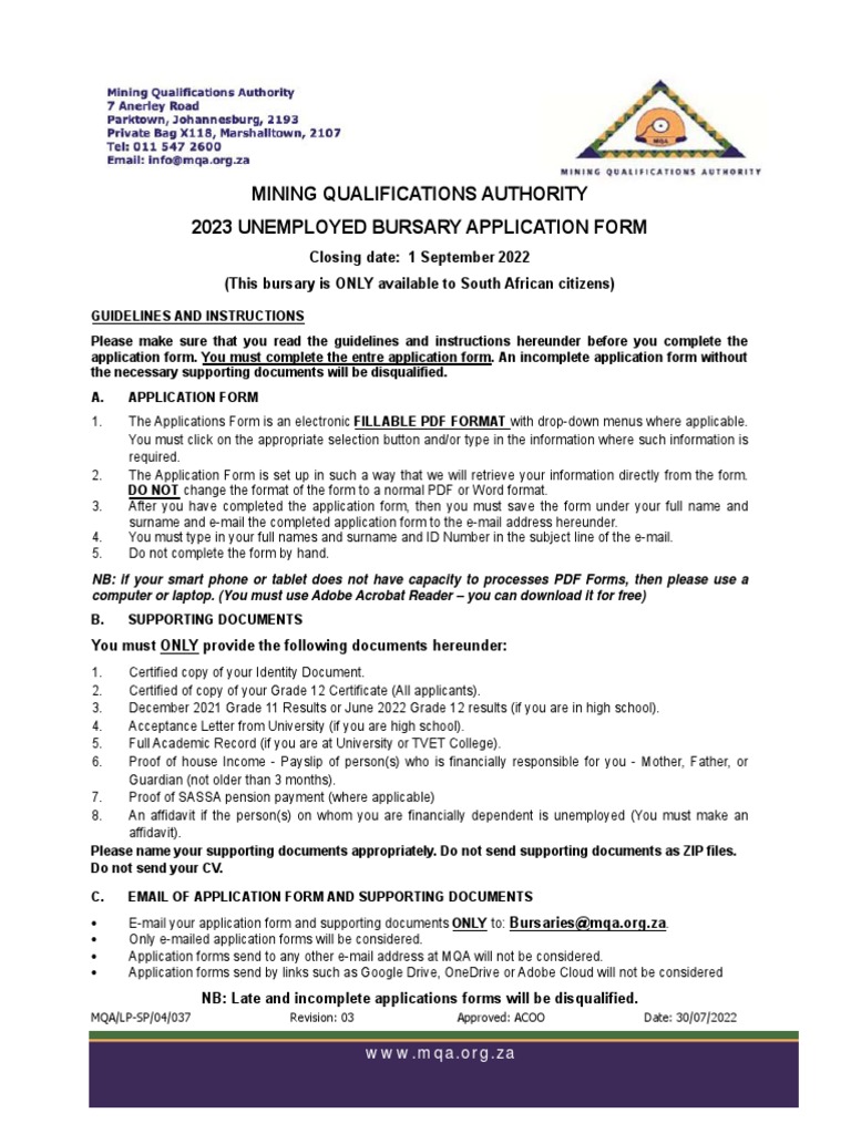 2023 Unemployed Bursary Application Form PDF | PDF | Zip Code