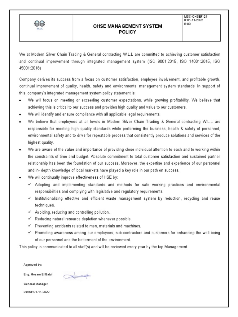 Modern Silver Chain Trading's Commitment to Quality, Health, Safety, and Environmental ...