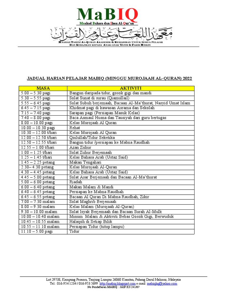 Jadual Harian Pelajar Mabiq Minggu Murojaah 2022 | PDF