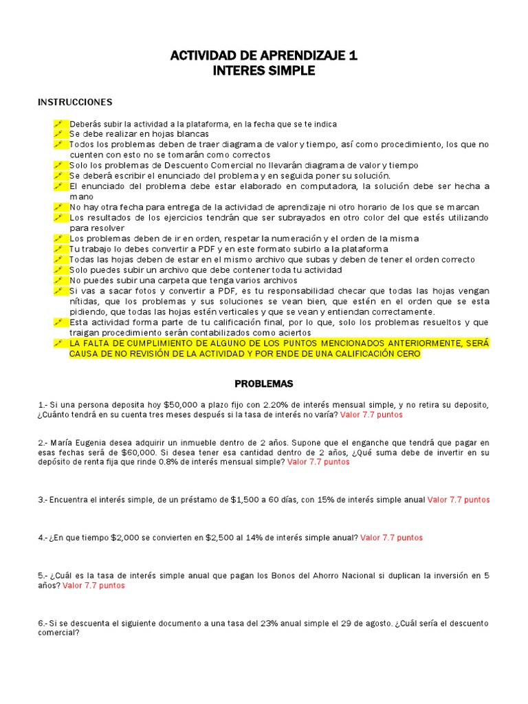 Actividad de Aprendizaje 1 Interes Simple | PDF | Interés | Bancos