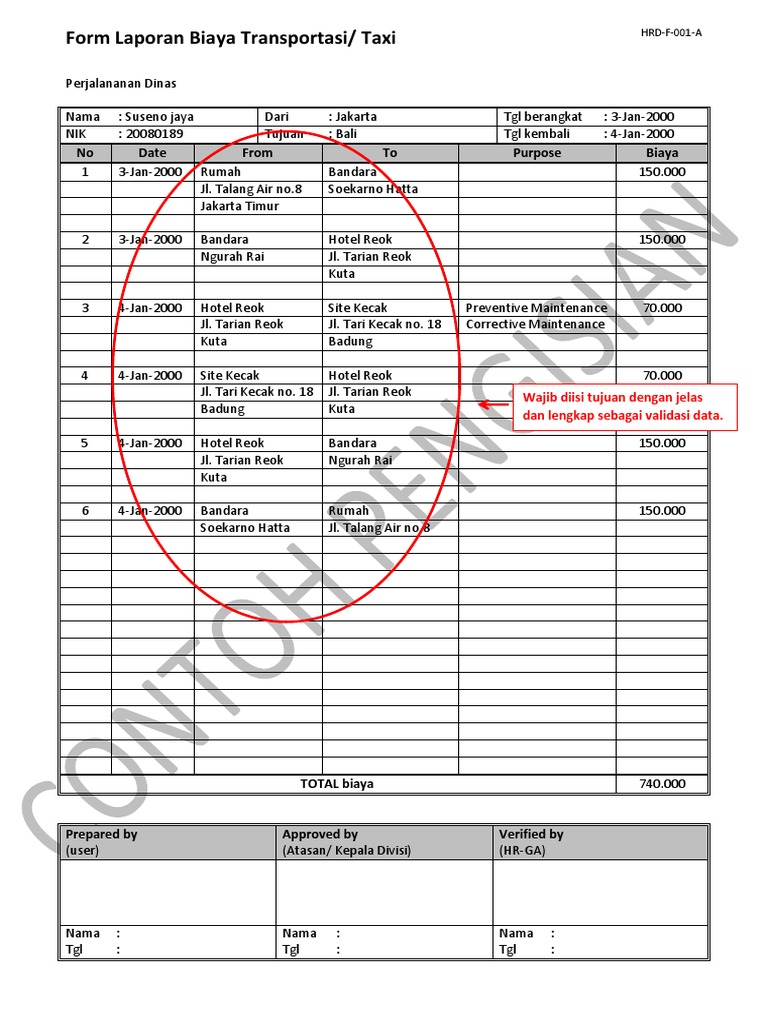 Contoh Form Laporan Transportasi-Taxi | PDF