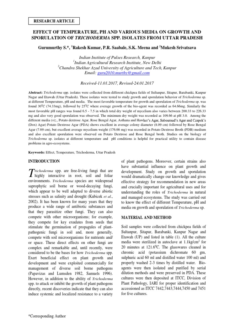 Effect of Temperature, PH and Various Media On Growth and Sporulation of Trichoderma Spp ...