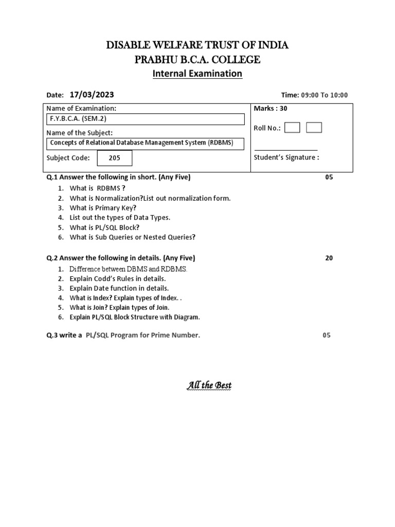 RDBMS Exam Paper for F.Y.B.C.A. | PDF