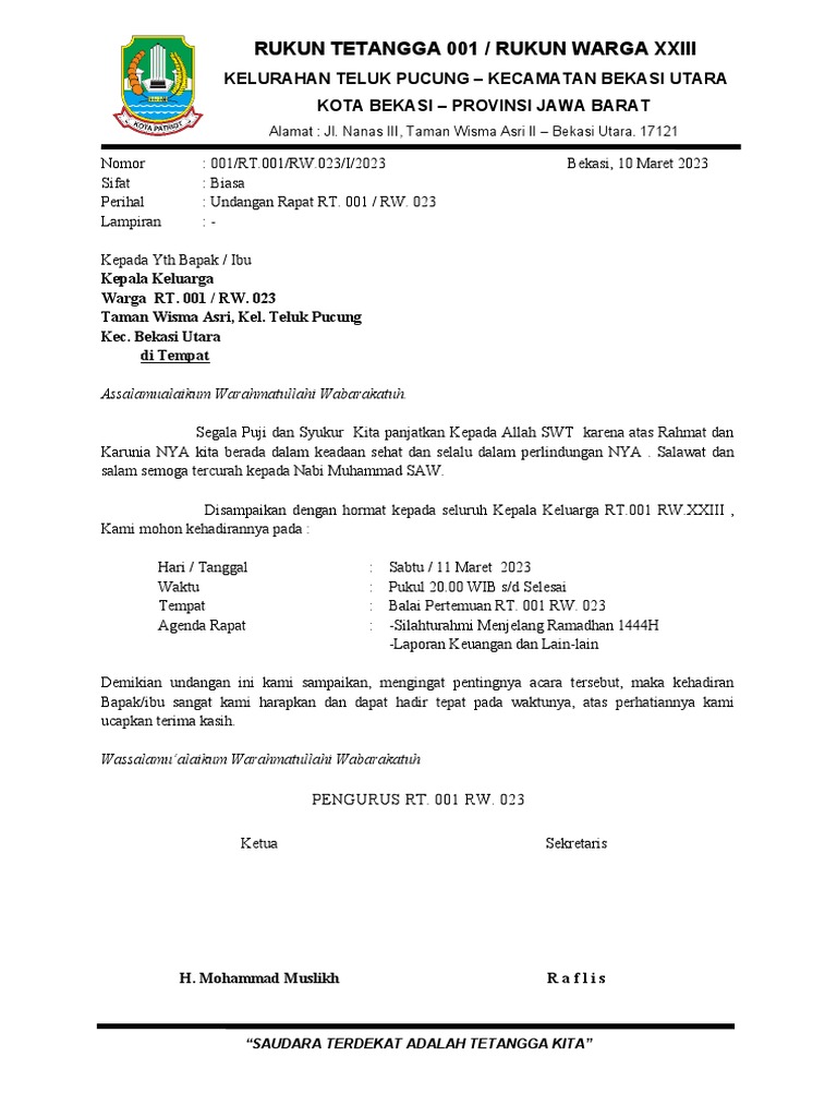 Surat Undangan Rapat Warga RT - 2023 | PDF