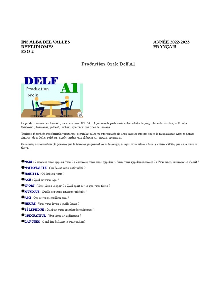 Production Orale DELF A1: Guide Pratique | PDF | Études des langues ...