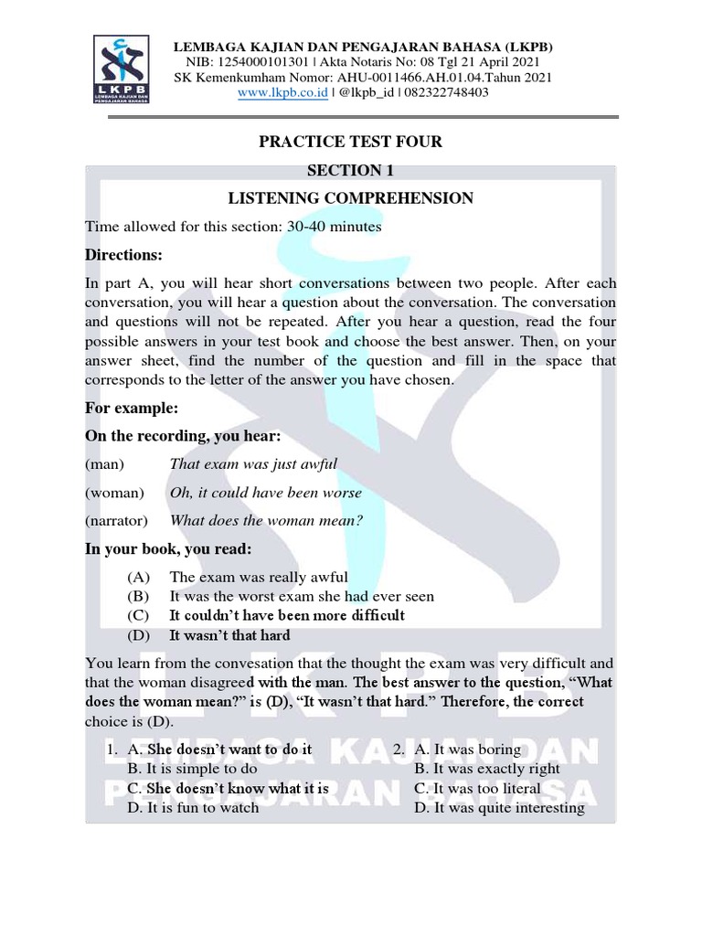 Practice Listening Comprehension Test - Section 1 | PDF | Tsunami ...