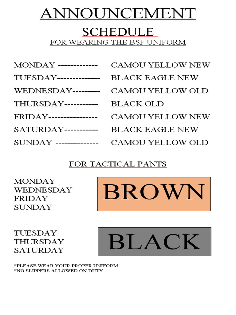BSF Uniform Schedule: Wear Camou Yellow, Black Eagle, or Tactical Pants ...