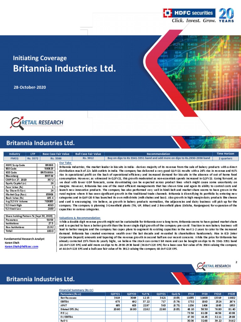 Britannia Industries - Initiating Coverage 281020 | PDF | Stocks | Investing