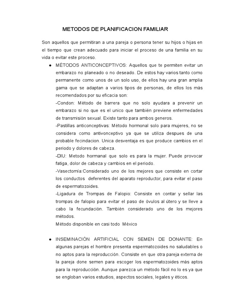 Metodos Planificación Familiar | PDF | Control de la natalidad | Semen