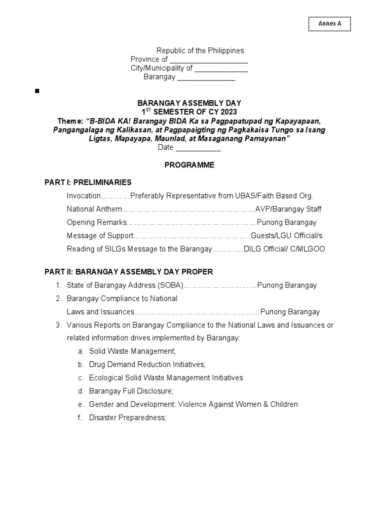 Annexes A, G, I - Templates For Barangay | PDF