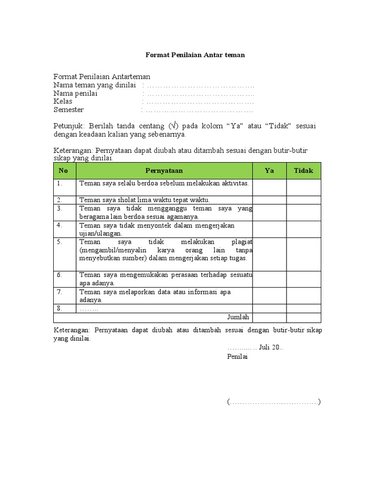 13.format Penilaian Antar Teman RPP 1 | PDF