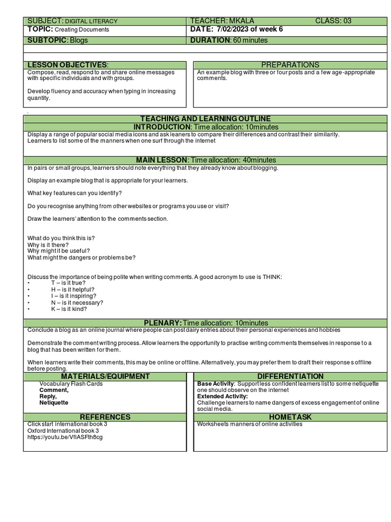 Year 3 ICT Lesson Plan Week 6 PDF | PDF | Learning | Social Media