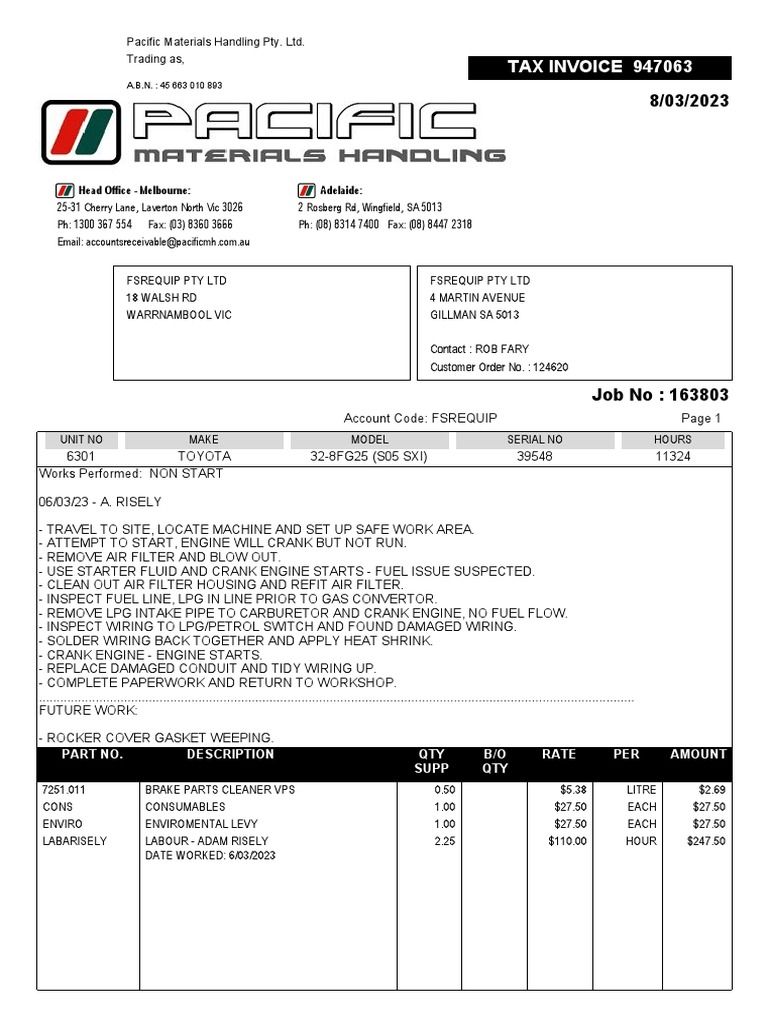 Repair of Non-Starting Toyota Forklift and Invoice for FSREQUIP Pty Ltd ...