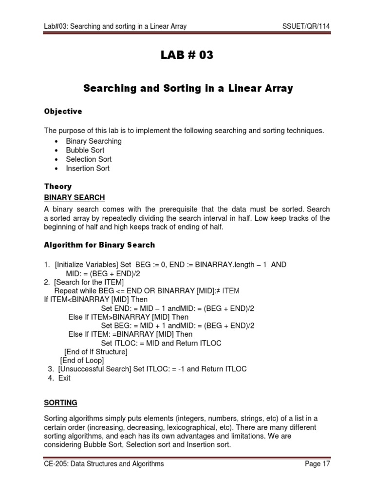 Lab#03 Searching and Sorting | PDF | Algorithms And Data Structures | Algorithms