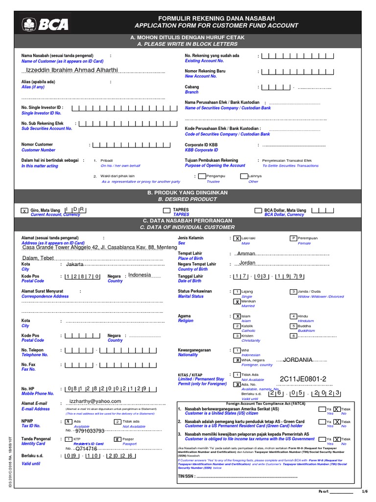 BCA Account Opening Application Form | PDF | Social Security Number ...