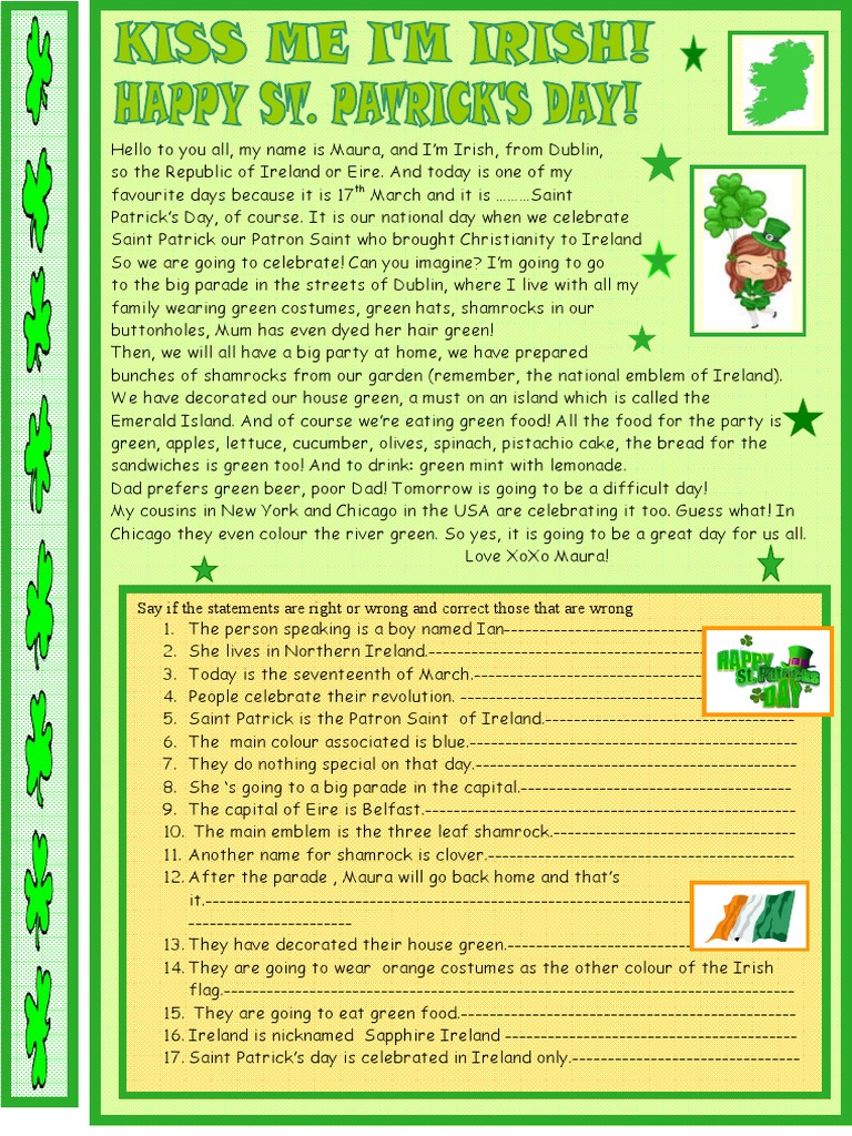 Saint Patricks Day Reading Reading Comprehension Exercises - 77688 ...