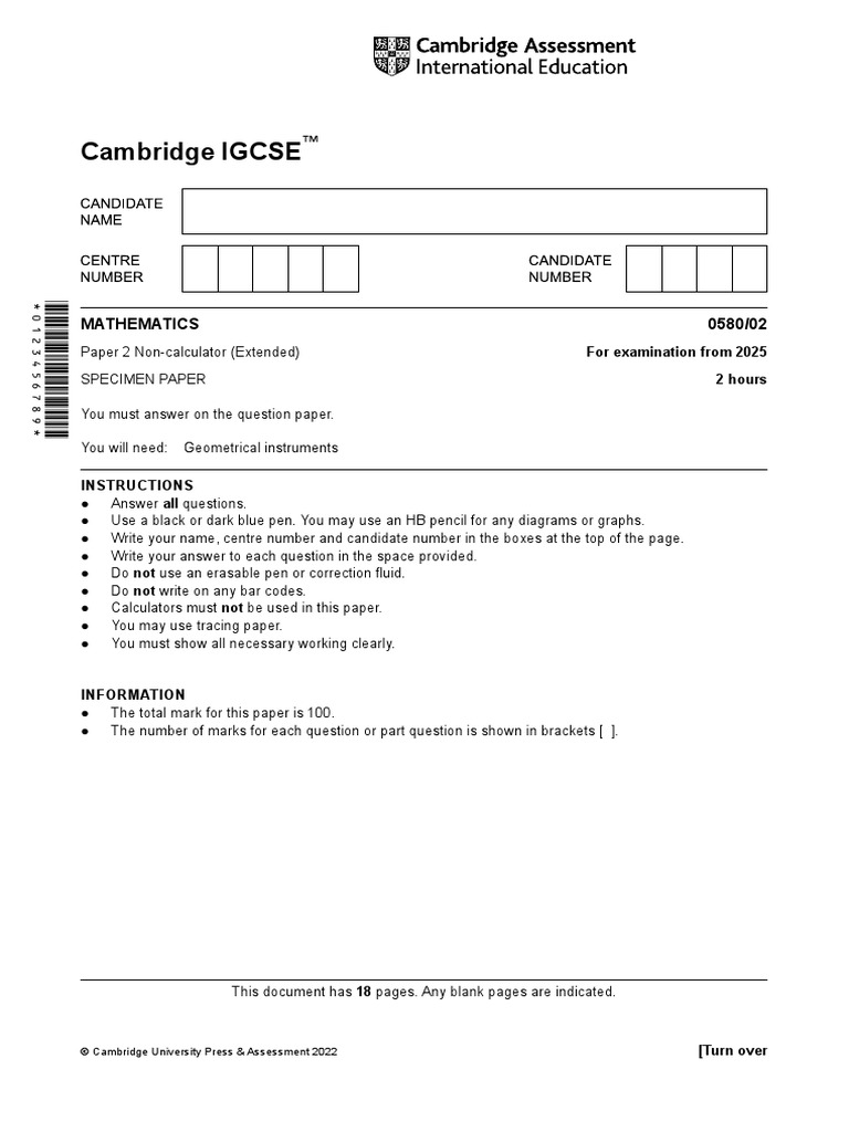 Cambridge IGCSE: MATHEMATICS 0580/02 | PDF | Area | Elementary Geometry