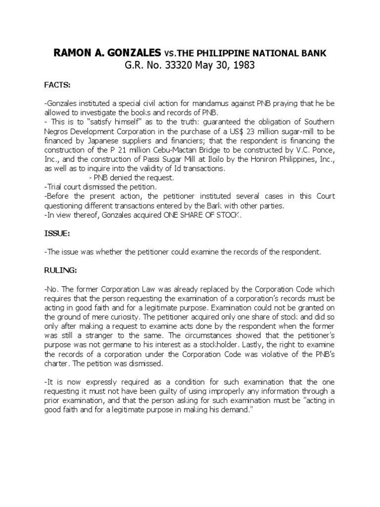 Gonzales VS PNB Case Digest | PDF