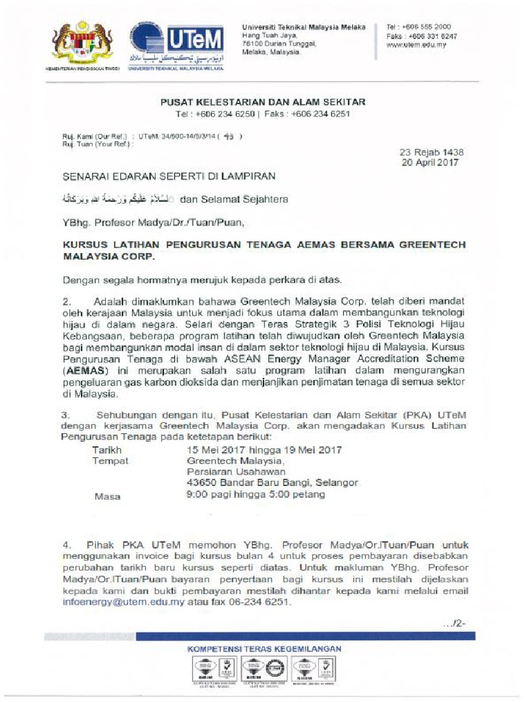 Surat Tukar Tarikh Kursus | PDF