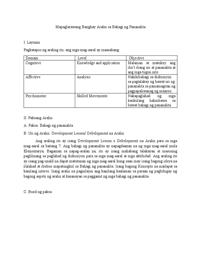Mapaglarawang Banghay Aralin Sa Bahagi NG Pananalita | PDF
