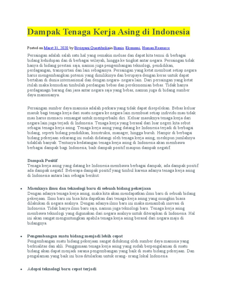 Dampak Tenaga Kerja Asing Di Indonesia | PDF
