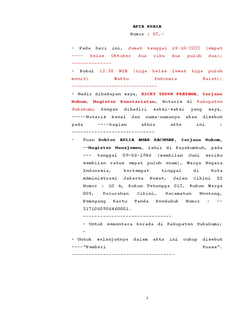 Akta Kuasa - Dr. Aulia Aman Rahman, SH, MM | PDF