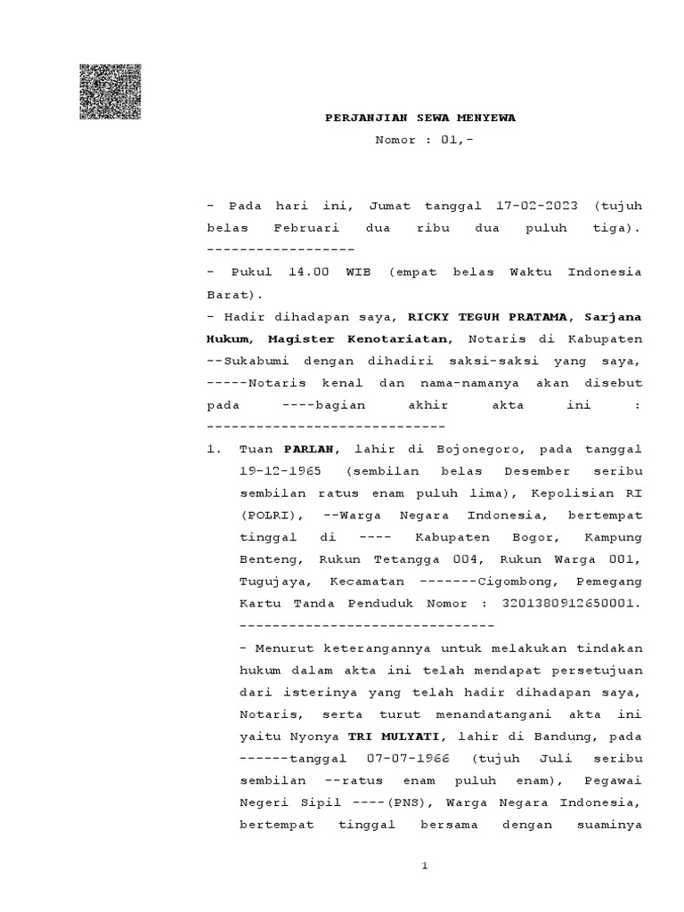 Perjanjian Sewa Menyewa - Parlan - Abdul Holik (Salinan) | PDF