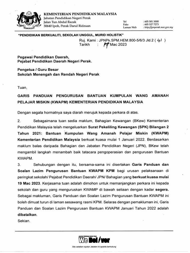 GARIS PANDUAN PENGURUSAN BANTUAN KWAMP KPM 2023 | PDF