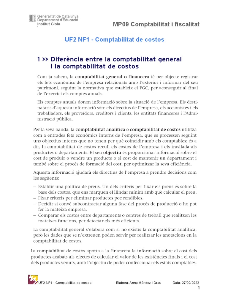 Comptabilitat de Costos APUNTS | PDF