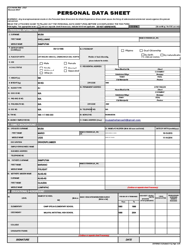 Cs Form No. 212 Revised Personal Data Sheet - New | PDF | Government ...