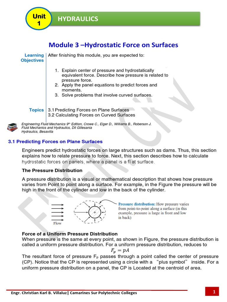 Module-3-HYDROSTATICS FORCES ON SURFACES PDF | PDF | Pressure | Force