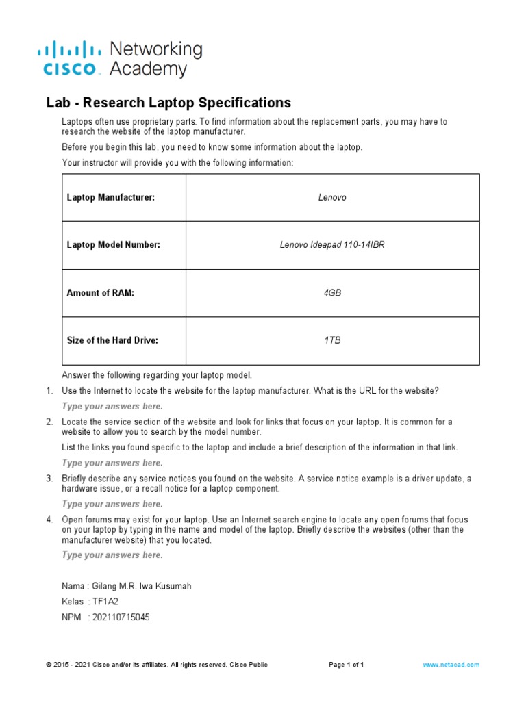 7.7.2.4 Lab - Research Laptop Specifications | PDF
