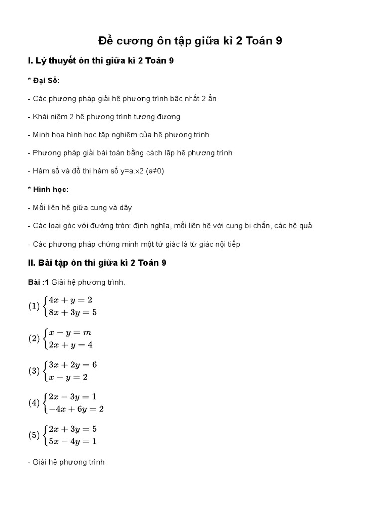 De Cuong On Thi Giua Hoc Ki 2 Mon Toan 9 | PDF