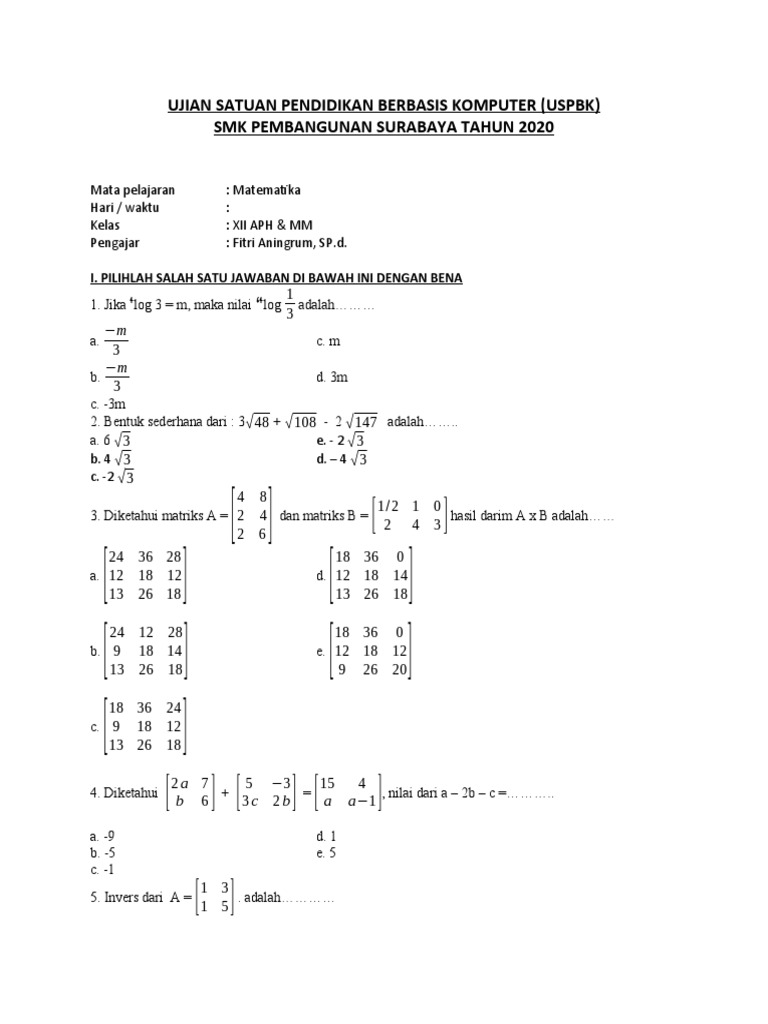 Soal USPBK Matematika SMK 2020 | PDF